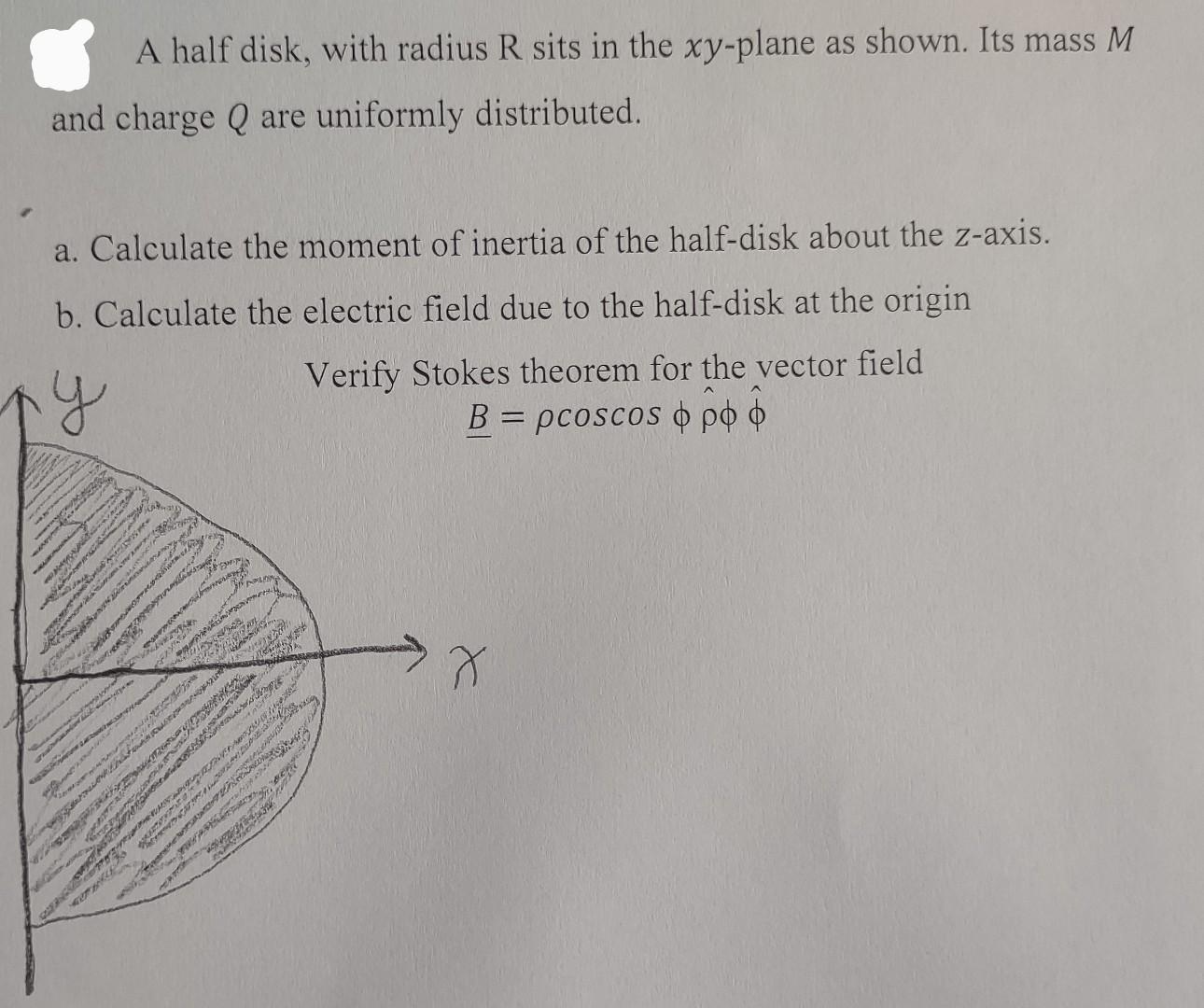 Solved A half disk, with radius R sits in the xy-plane as | Chegg.com