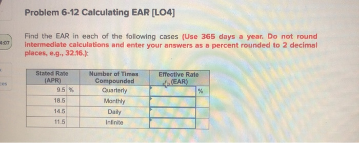 Solved Problem 6-12 Calculating EAR [LO4] 4:07 Find the EAR | Chegg.com