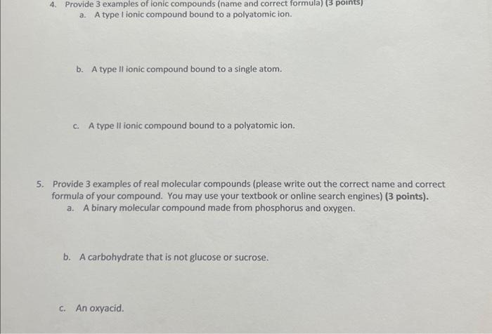 Solved 4. Provide 3 examples of ionic compounds (name and | Chegg.com