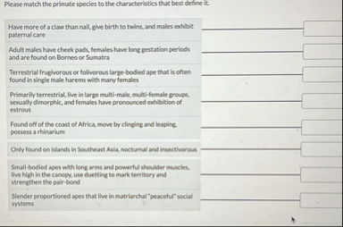 Solved Please match the primate species to the | Chegg.com