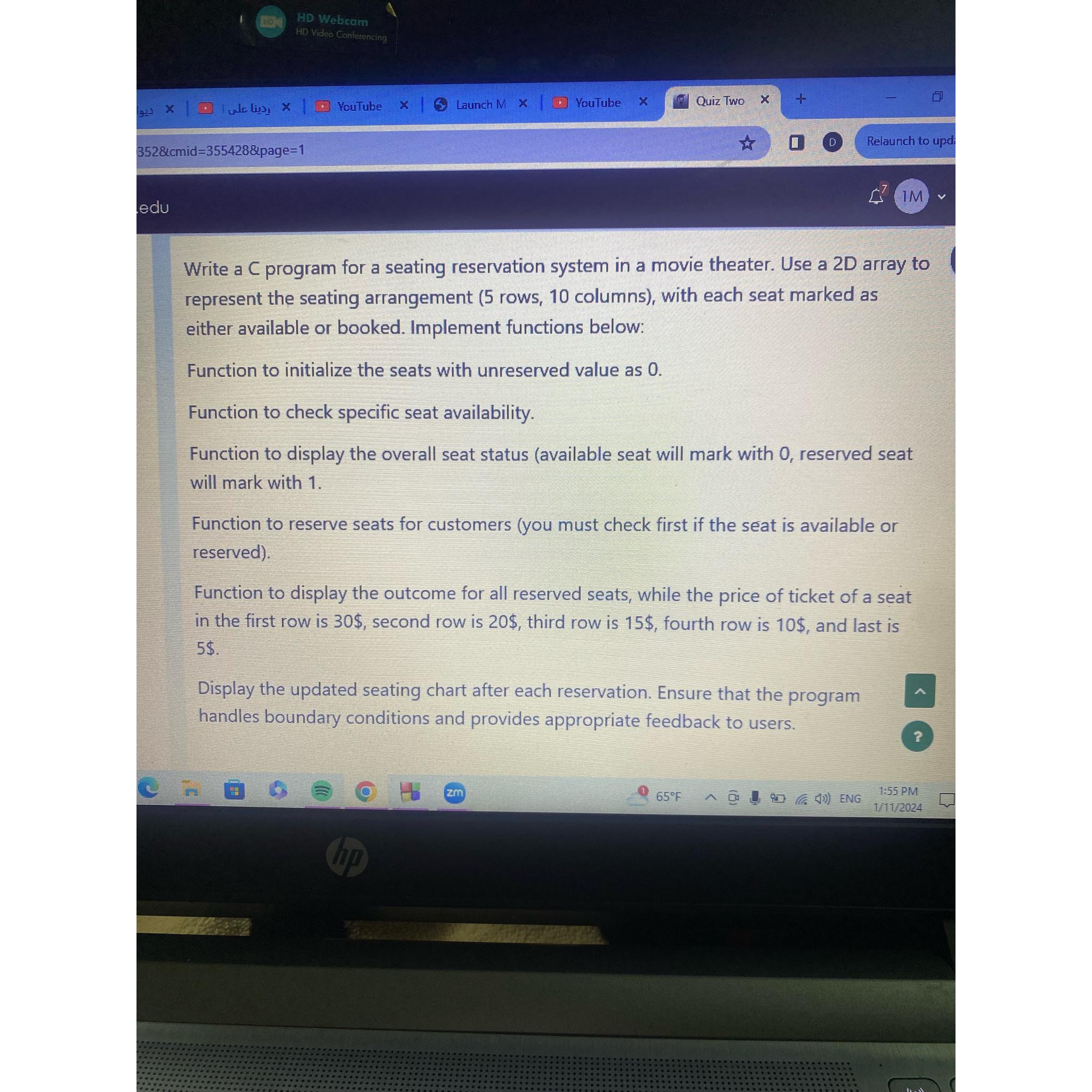 Solved Write a C program for a seating reservation system in | Chegg.com