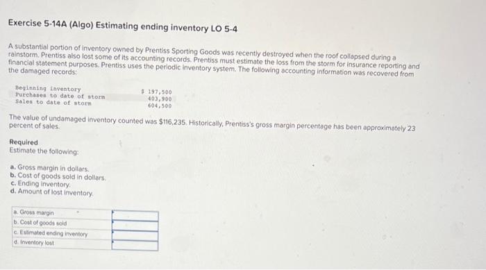 Solved Exercise 5-14A (Algo) Estimating ending inventory LO | Chegg.com