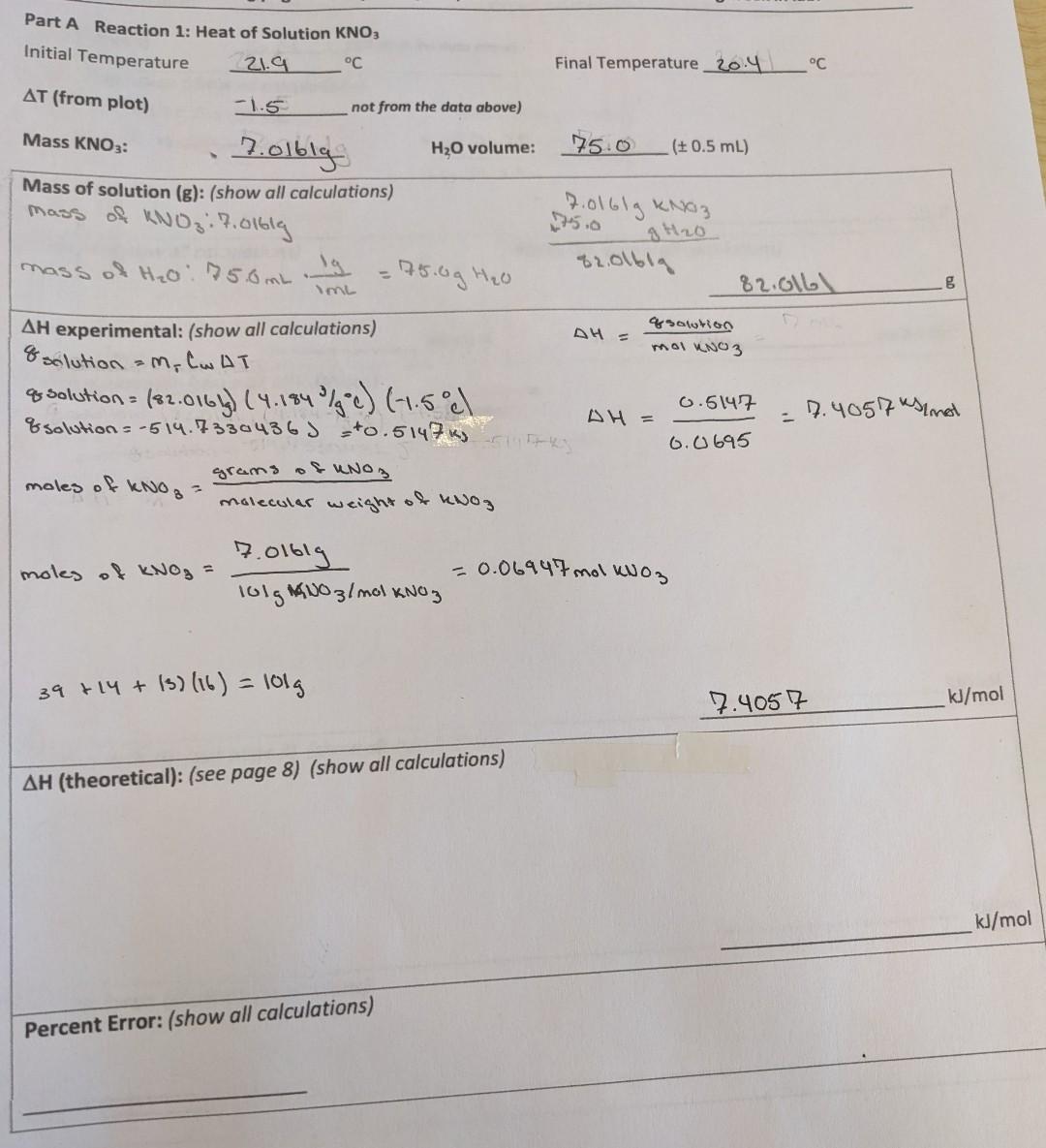 Solved Part A Reaction 1: Heat of Solution KNO3 ΔH | Chegg.com
