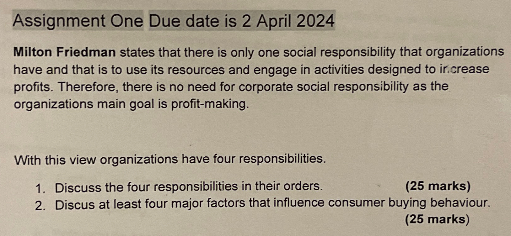 Solved Assignment One Due date is 2 ﻿April 2024Milton | Chegg.com