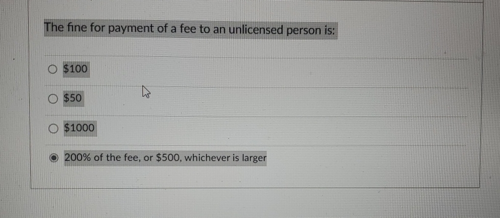 Solved The fine for payment of a fee to an unlicensed person | Chegg.com