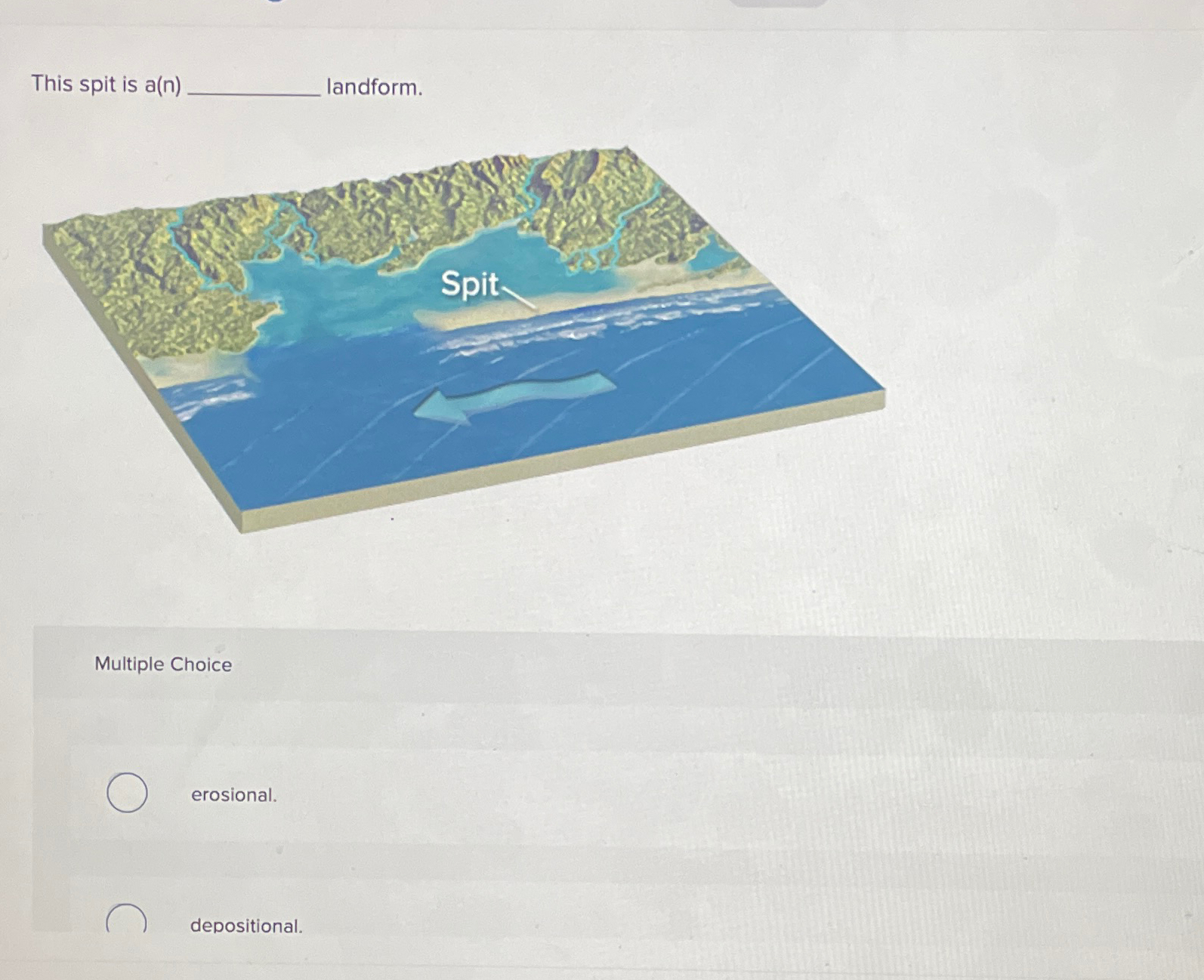 Solved This spit is a(n) ﻿landform.Multiple Choice | Chegg.com
