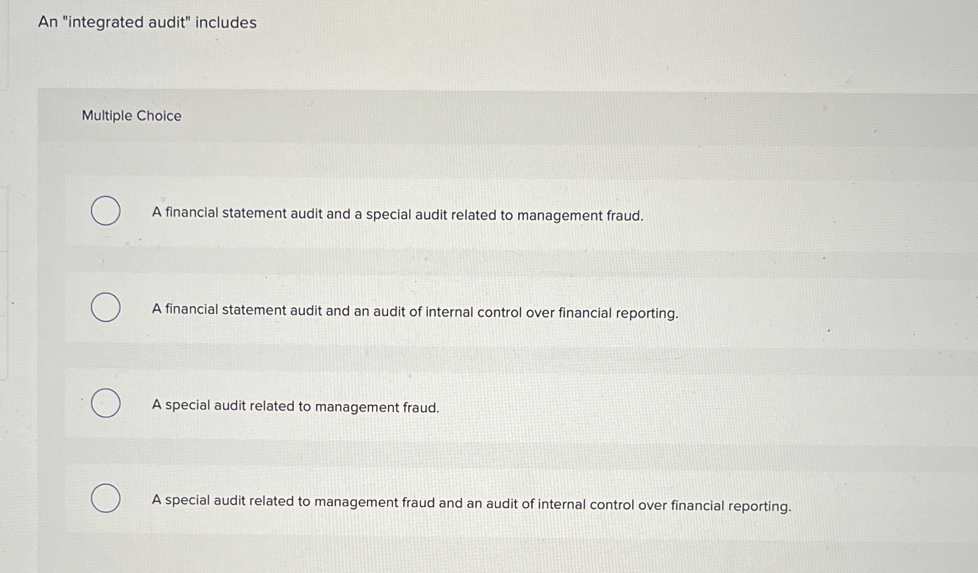 Solved An "integrated audit" includesMultiple ChoiceA | Chegg.com