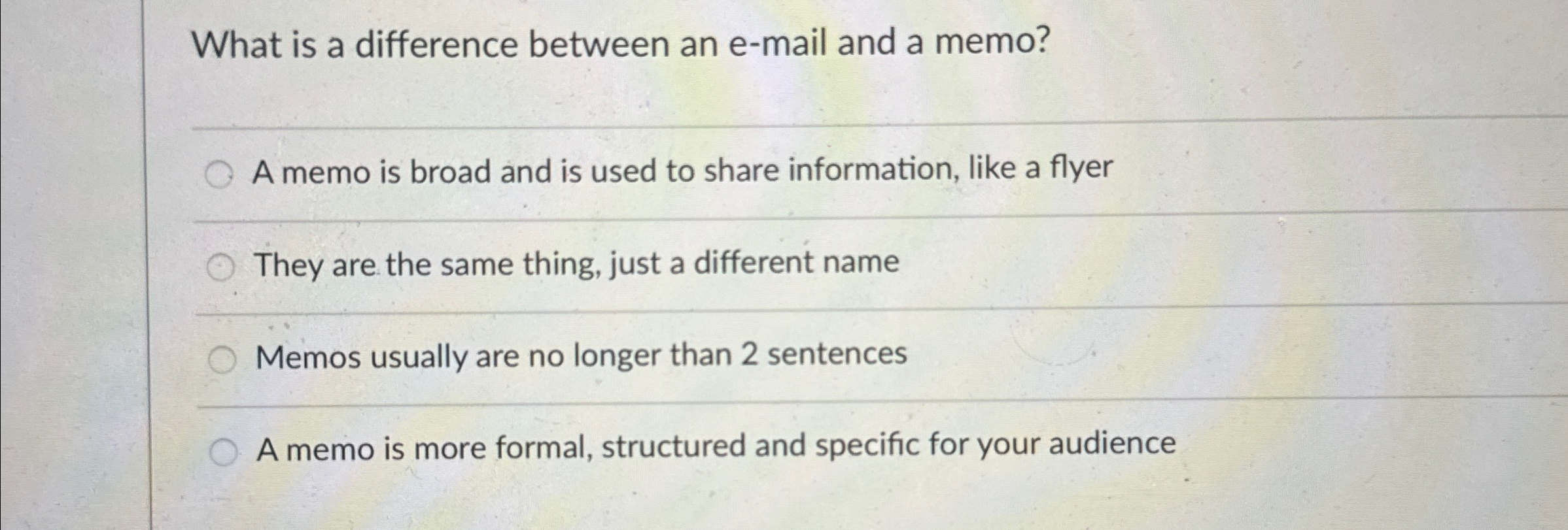 Solved What is a difference between an e-mail and a memo?A | Chegg.com