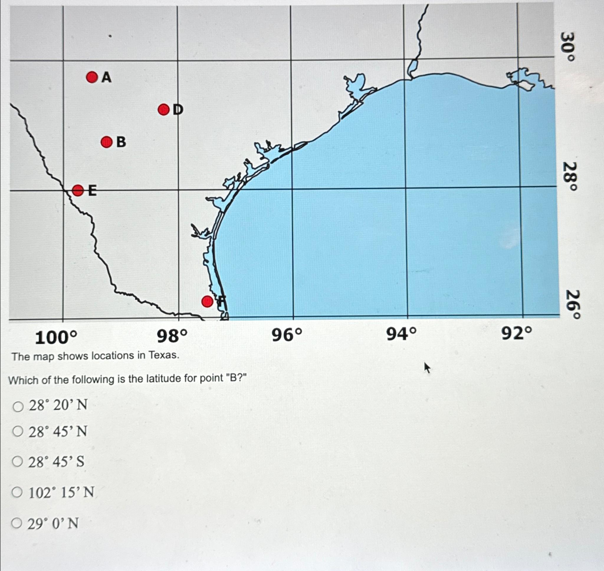 Solved The map shows locations in Texas.Which of the | Chegg.com