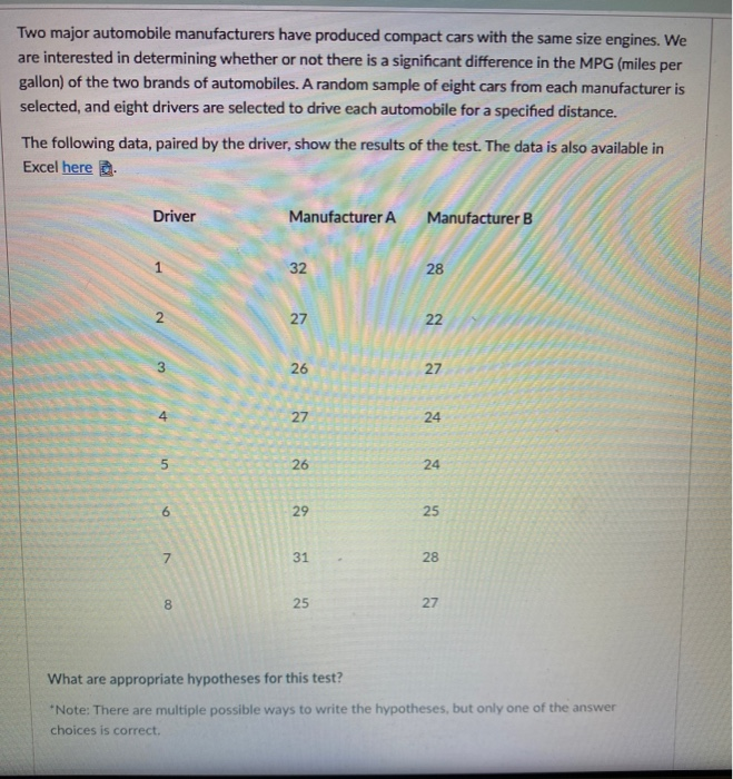 Solved Two major automobile manufacturers have produced | Chegg.com