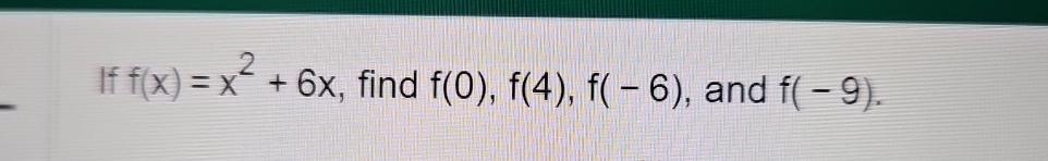 If f(x)=x2+6x, ﻿find f(0),f(4),f(-6), ﻿and f(-9). | Chegg.com