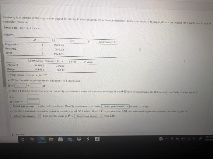 Solved Following is a portion of the regression output for | Chegg.com