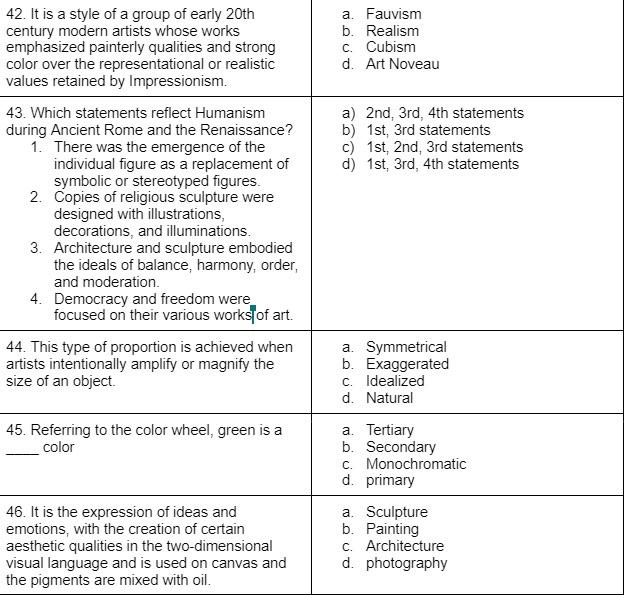 Solved a. Fauvism b. Realism c. Cubism d. Art Noveau a) 2nd, | Chegg.com