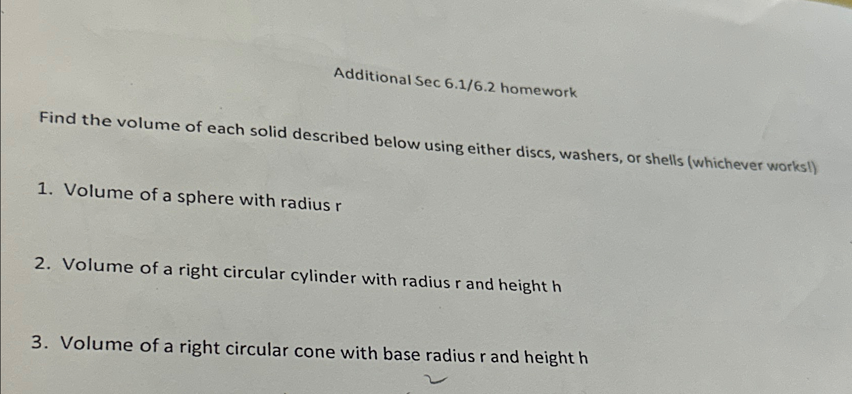 Solved Additional Sec6.16.2 ﻿homeworkFind the volume of each | Chegg.com