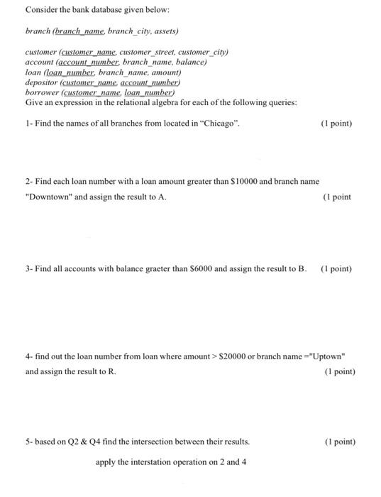 Solved Consider the bank database given below: branch | Chegg.com