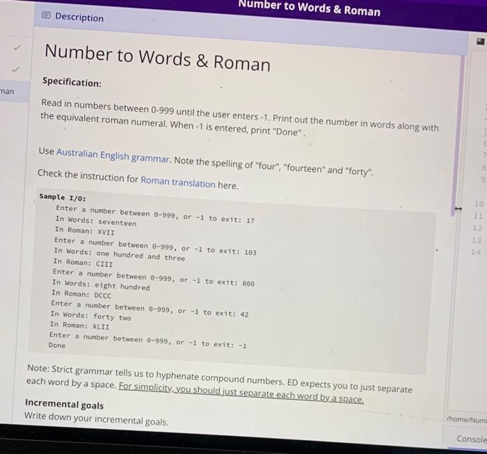 Solved Description Number to Words \& Roman Specification: | Chegg.com
