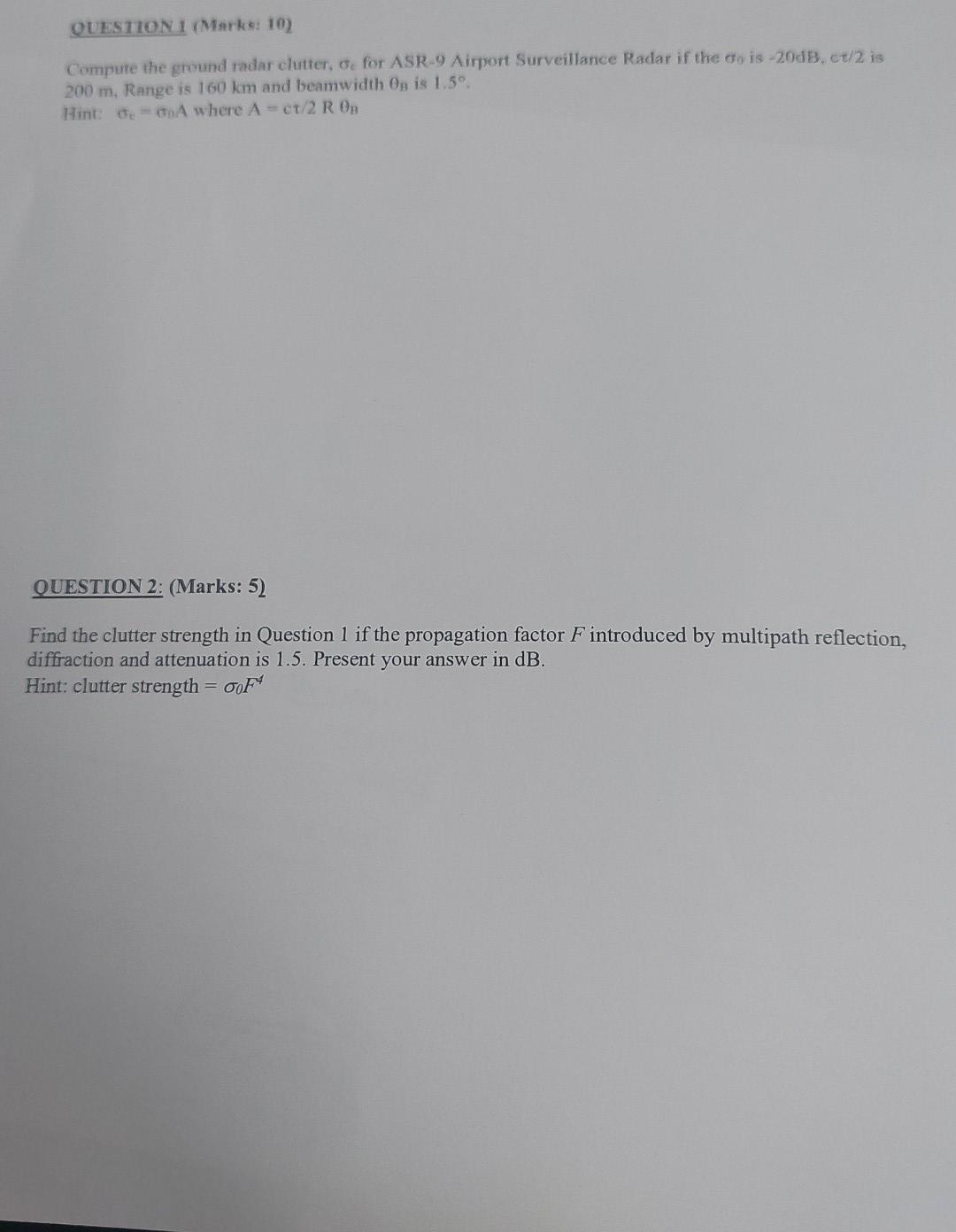 Solved Compute the ground radar clutter, /c for ASR-9 | Chegg.com