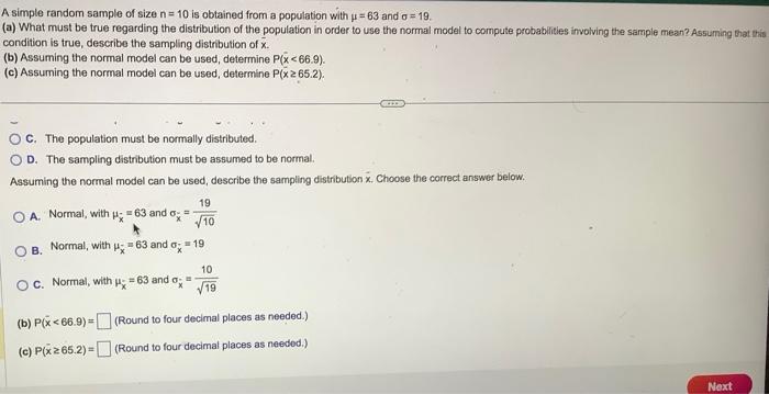 Solved simple random sample of size n=10 is obtained from a | Chegg.com