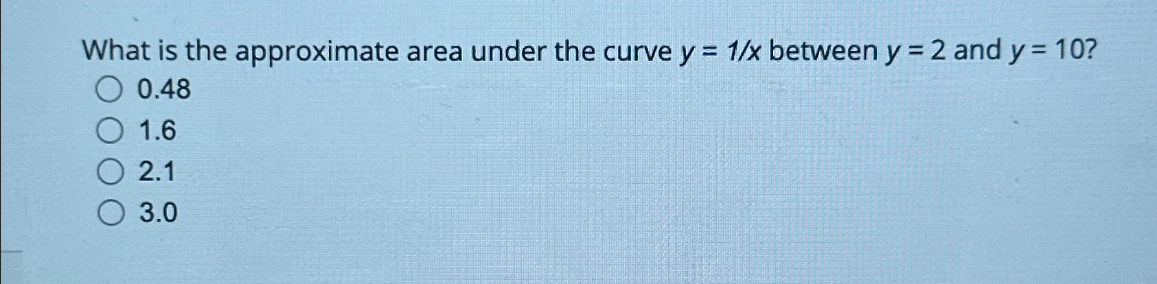 Solved What is the approximate area under the curve y=1x | Chegg.com