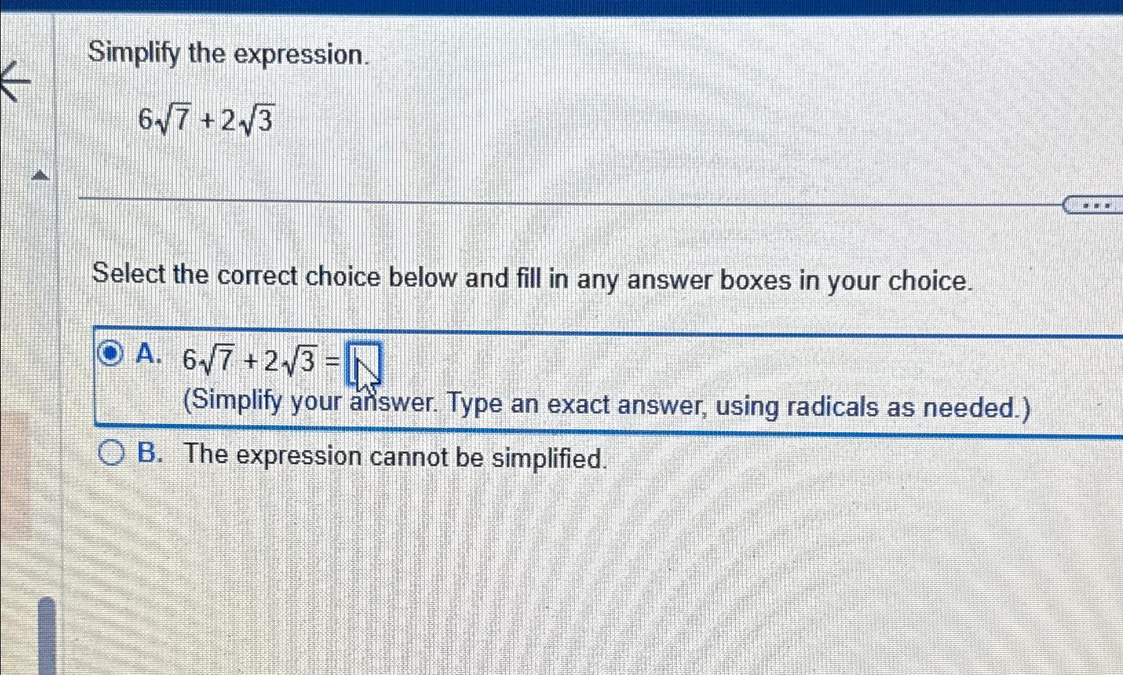 Solved Simplify the expression.672+232Select the correct | Chegg.com