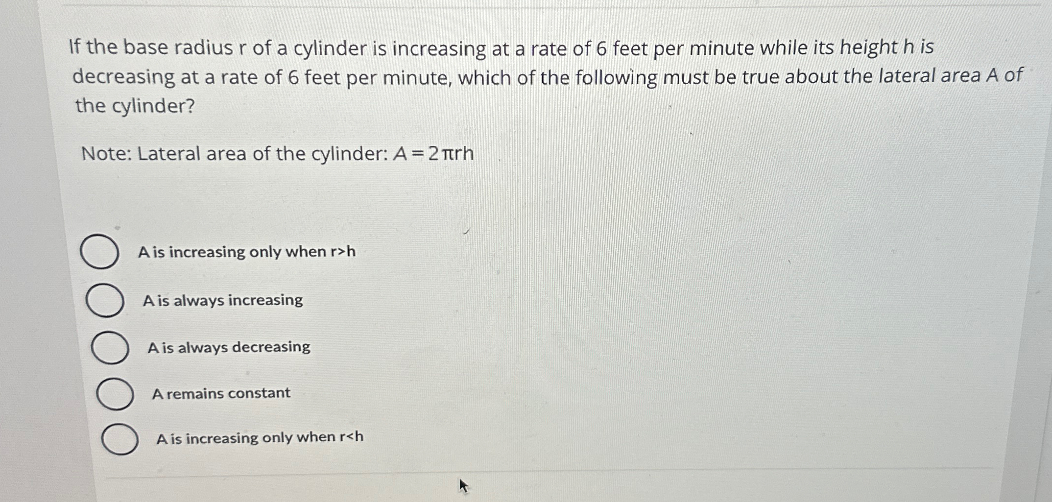 Solved If the base radius r ﻿of a cylinder is increasing at | Chegg.com