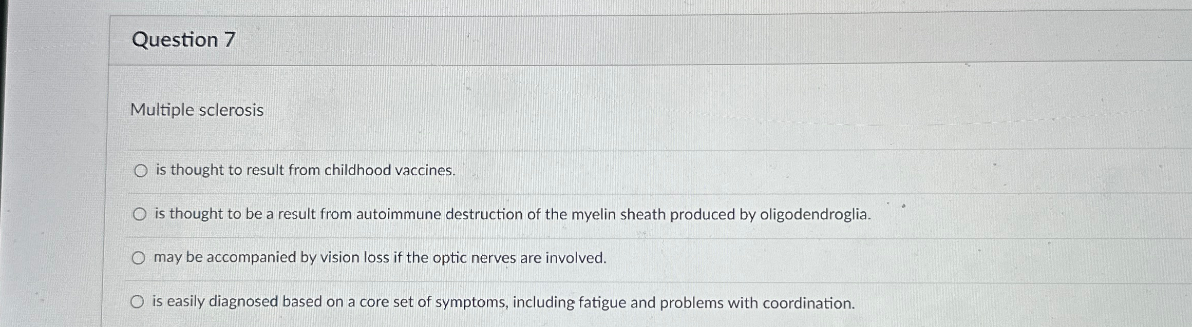 Solved Question 7Multiple sclerosisis thought to result from | Chegg.com