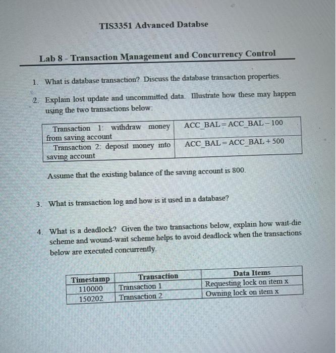 Solved TIS3351 Advanced Databse Lab 8 - Transaction | Chegg.com