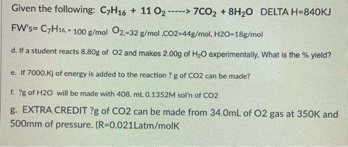 Solved Given the following: C7H16 + 11 O2 -----> 7CO2 + 8H20 | Chegg.com