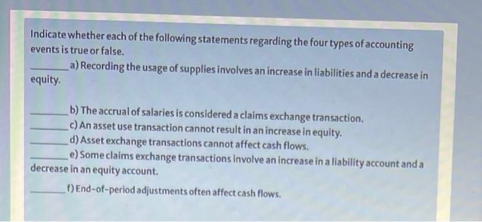 Solved Indicate whether each of the following statements | Chegg.com