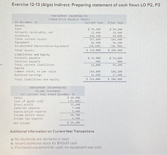 Exercise 12-13 (Algo) Indirect: Preparing statement | Chegg.com