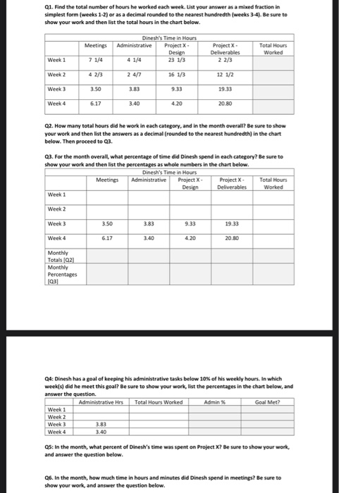 Solved Q1. Find the total number of hours he worked each | Chegg.com