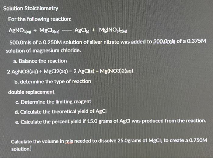 Solved Solution Stoichiometry For the following reaction: | Chegg.com
