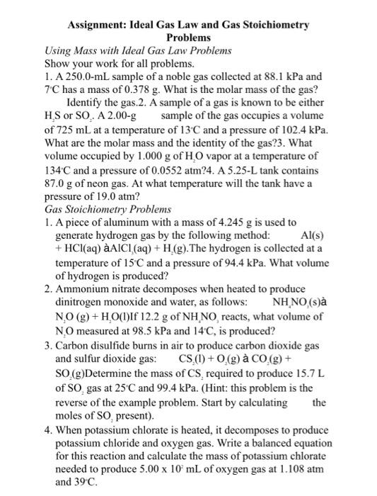 Solved Assignment: Ideal Gas Law and Gas Stoichiometry | Chegg.com