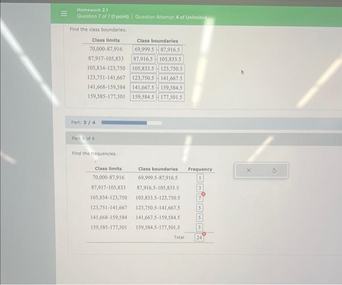 Solved Find the class boundaries. Part: 3/4 Part 4 of 4 Find | Chegg.com
