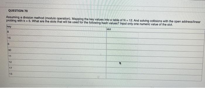 Solved QUESTION 70 Assuming a division method (modulo | Chegg.com