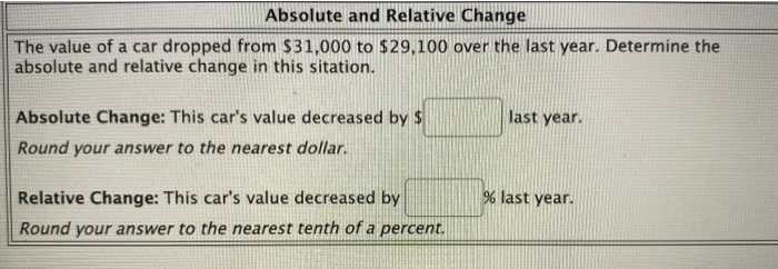 Solved Absolute and Relative Change The value of a car | Chegg.com