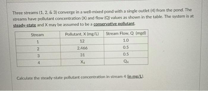 Solved Three streams (1, 2, & 3) converge in a well-mixed | Chegg.com