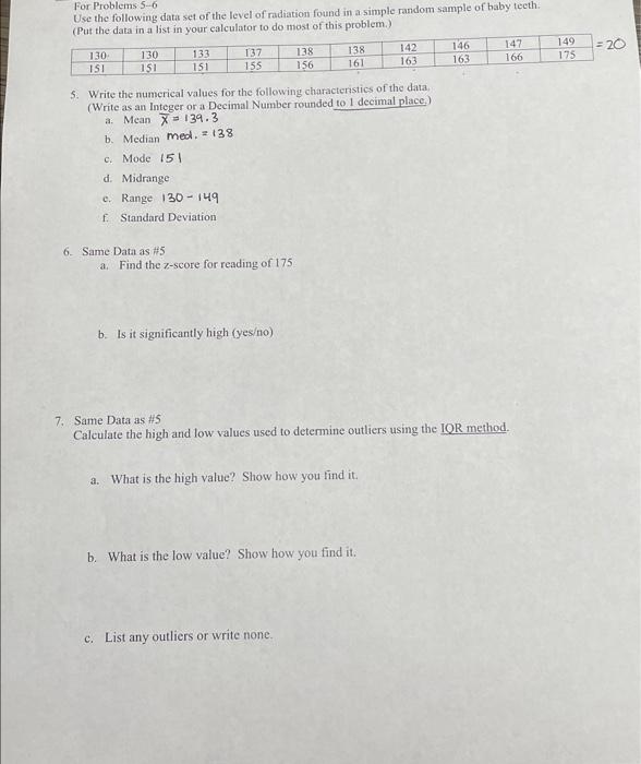 Solved For Problems 5-6 Use the following data set of the | Chegg.com