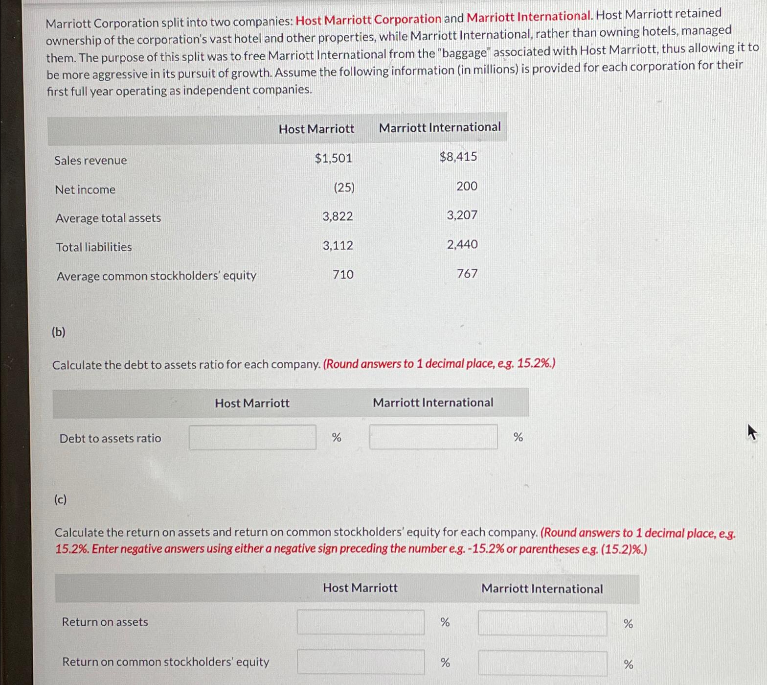 Solved Marriott Corporation split into two companies: Host | Chegg.com
