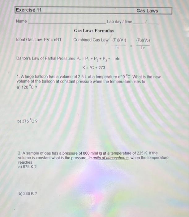 Solved Gas Laws Formulas Ideal Gas Law PV =nRT Combined Gas | Chegg.com