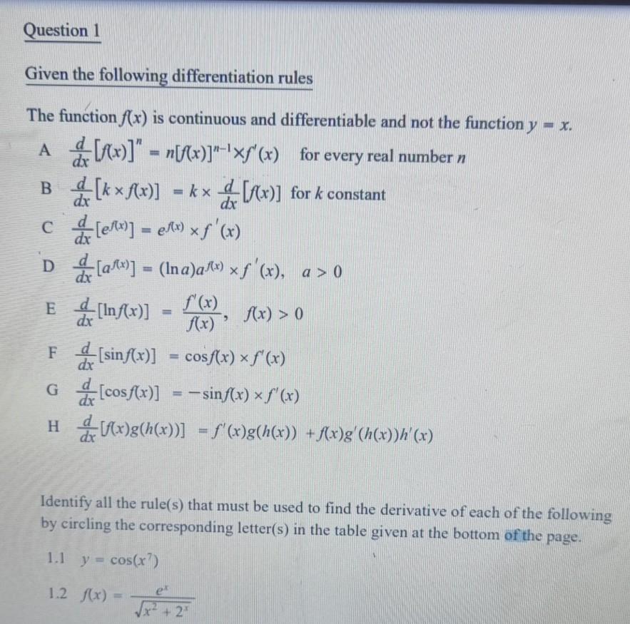 Solved Question 1 Given the following differentiation rules | Chegg.com