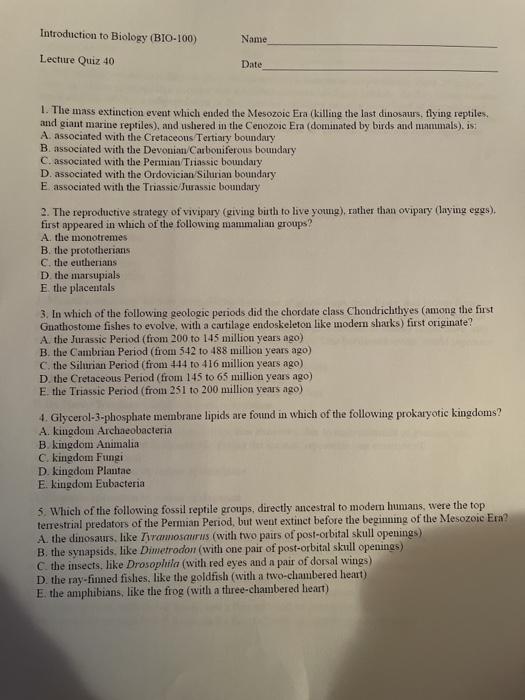 Solved Introduction to Biology (BIO-100) Name Lecture Quiz | Chegg.com