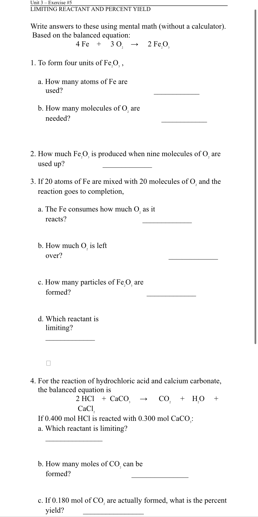 Solved Unit 3 - ﻿Exercise #5LIMITING REACTANT AND PERCENT | Chegg.com