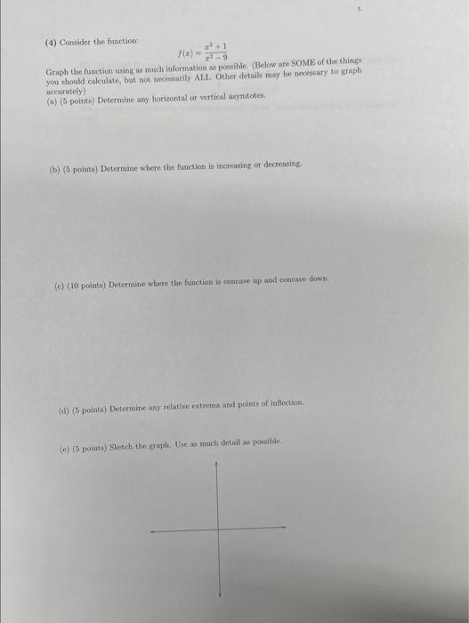 Solved (4) Consider the function: f(x)=x2−9x2+1 Graph the | Chegg.com