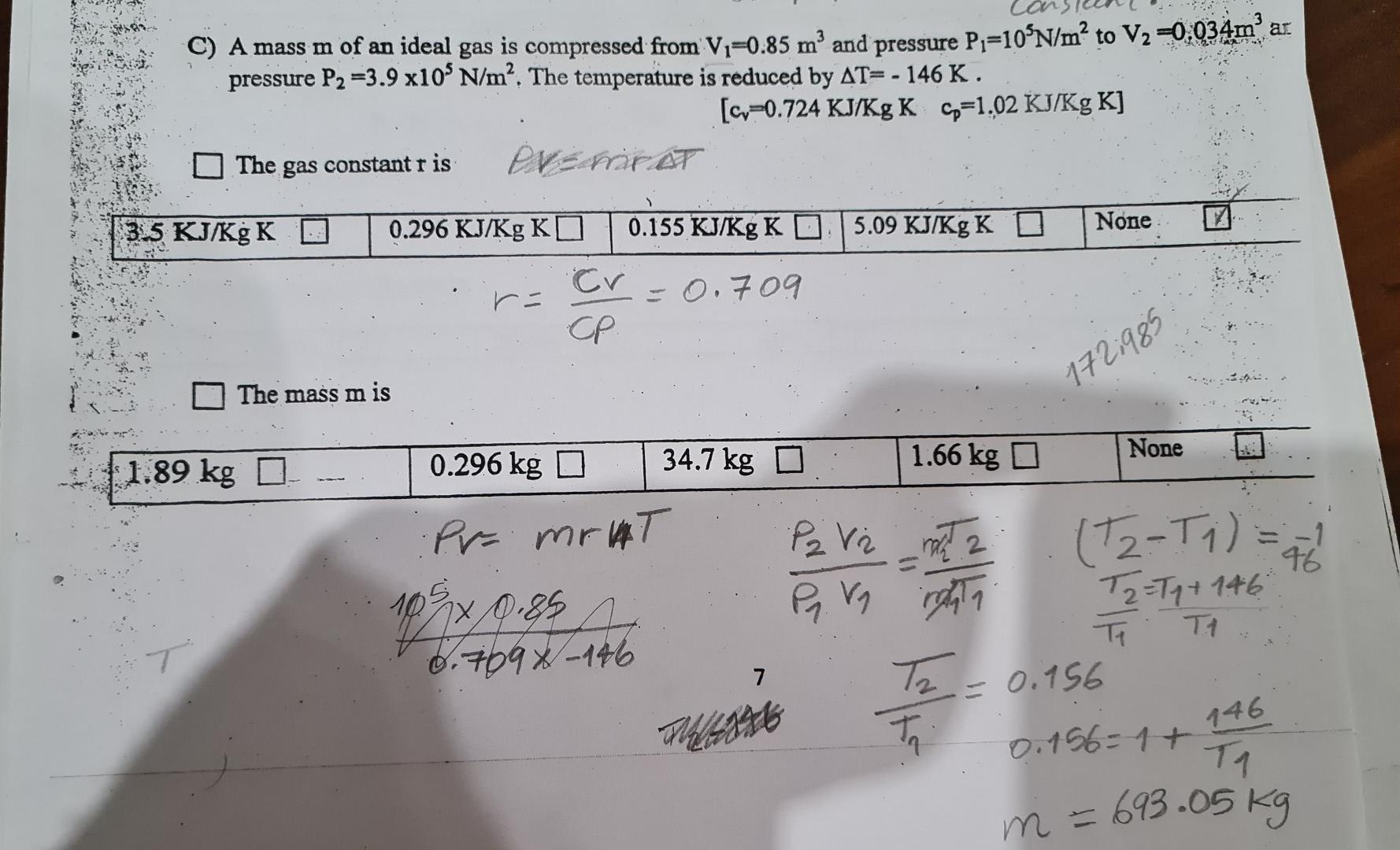 Solved C) A mass m of an ideal gas is compressed from | Chegg.com