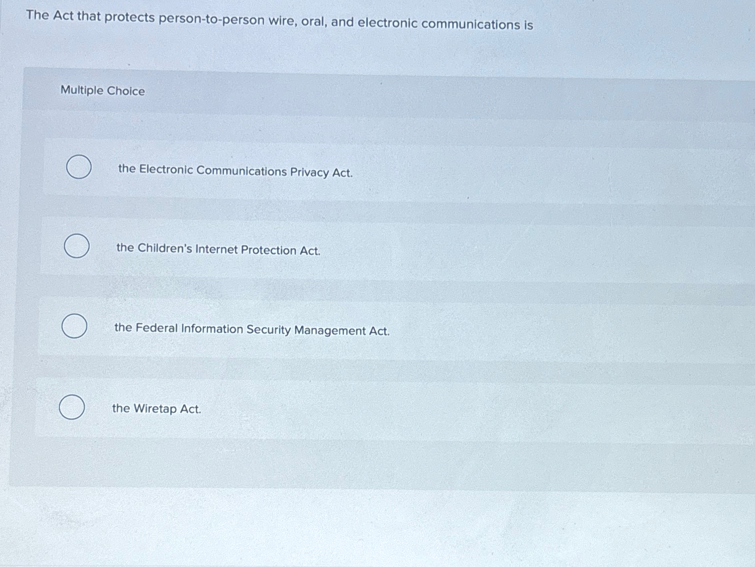 Solved The Act that protects person-to-person wire, oral, | Chegg.com