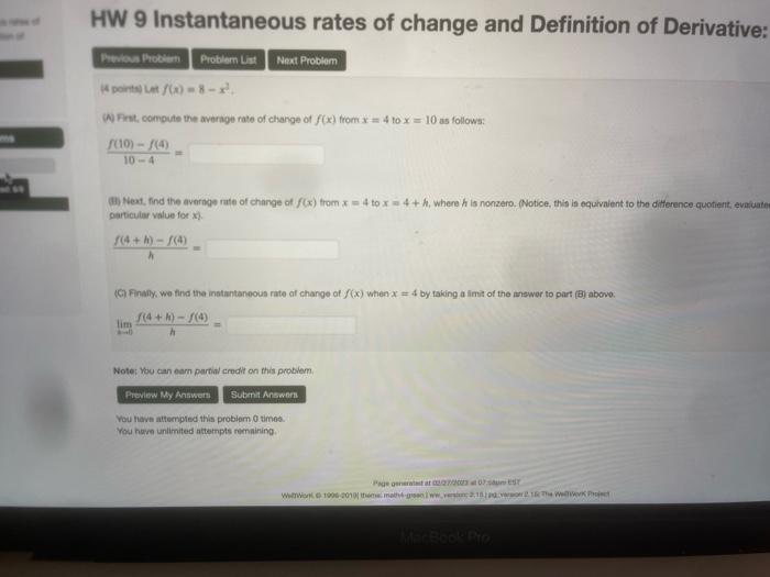Solved HW 9 Instantaneous rates of change and Definition of | Chegg.com