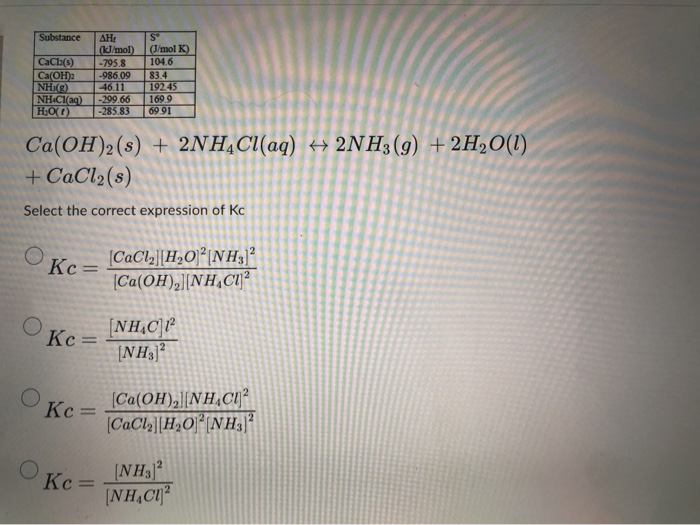 Solved Substance CaCl(s) Ca(OH)2 NH3) NHCl(aq) НОО) ΔΗ: | Chegg.com