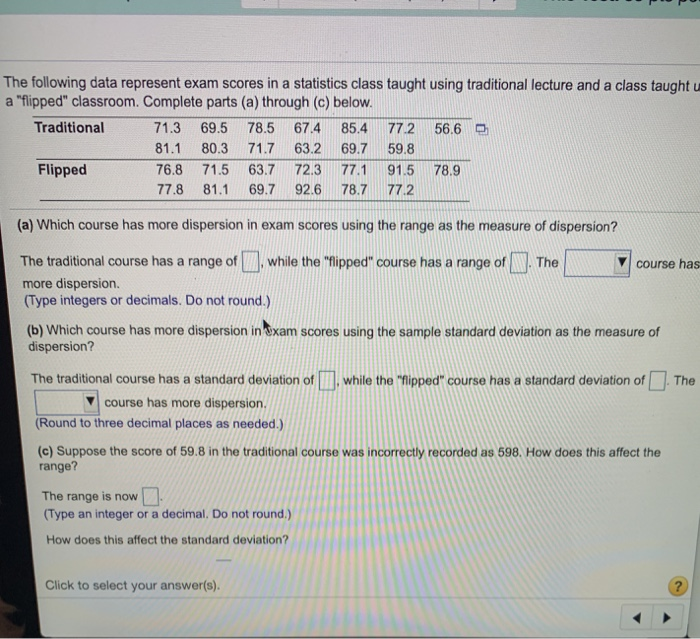 Solved The following data represent exam scores in a | Chegg.com