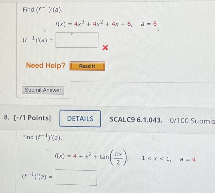 Solved Find (f−1)′(a) f(x)=4x3+4x2+4x+6,a=6 (f−1)′(a)= | Chegg.com